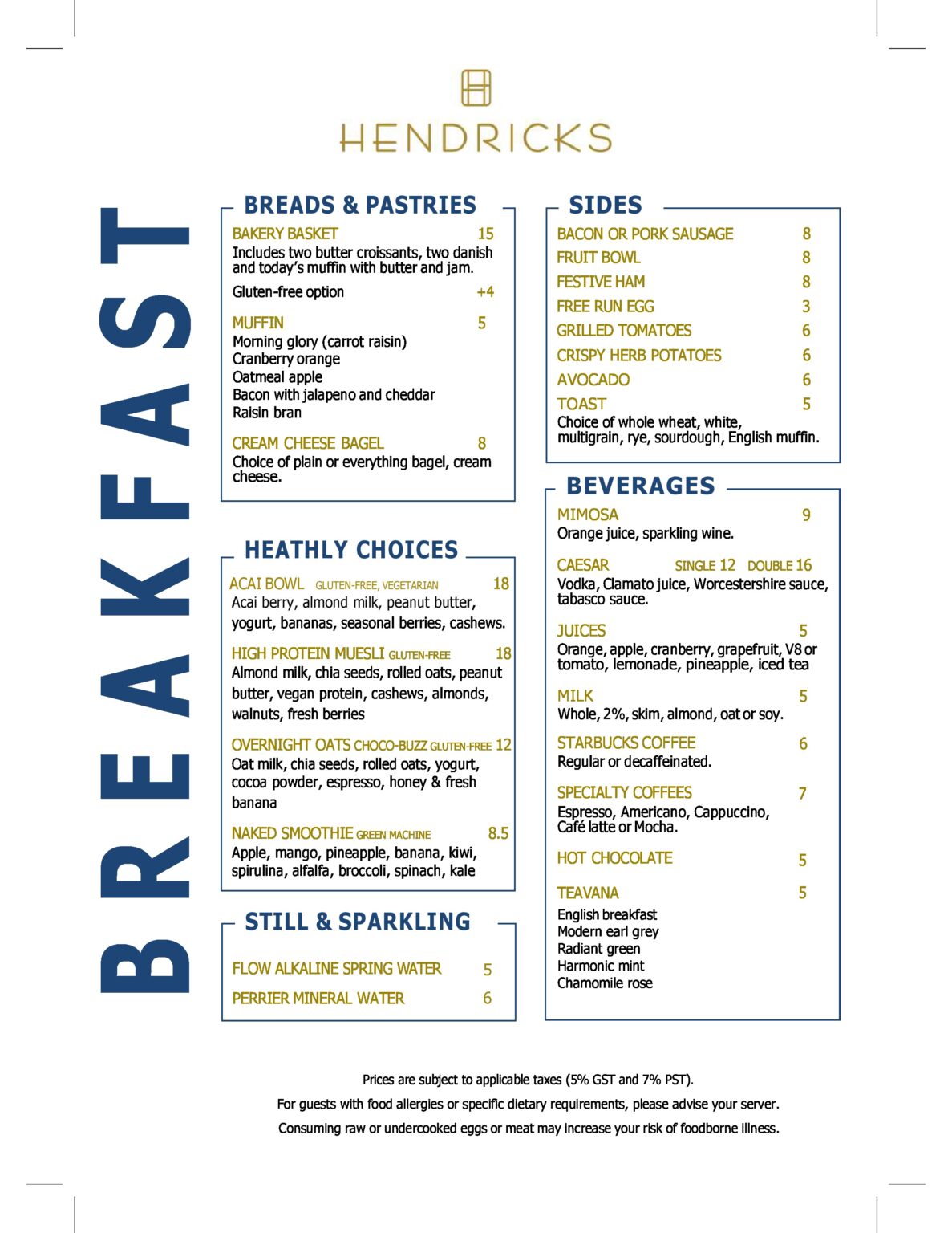 Breakfast Menu - Hendricks