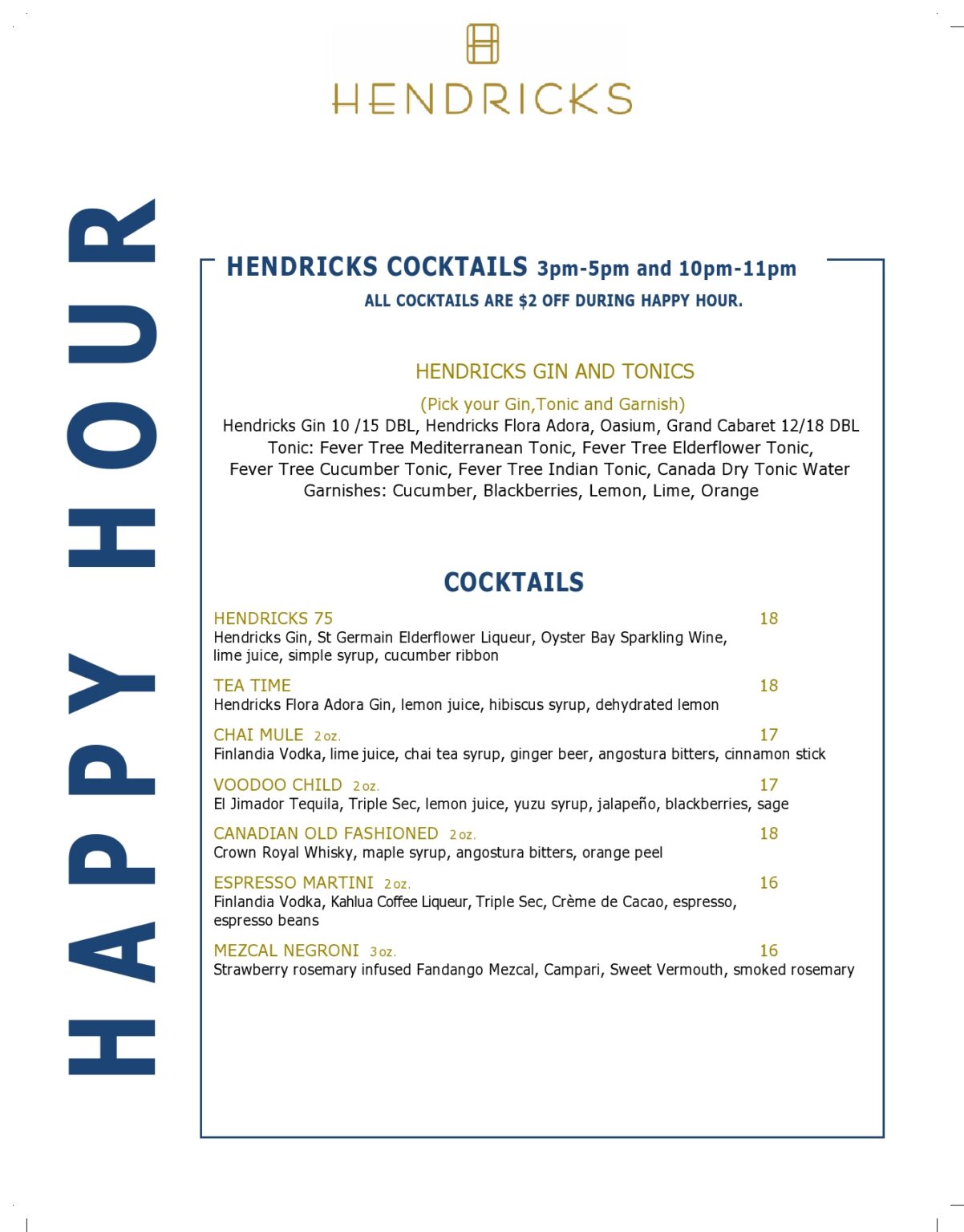 Happy Hour Menu - Hendricks