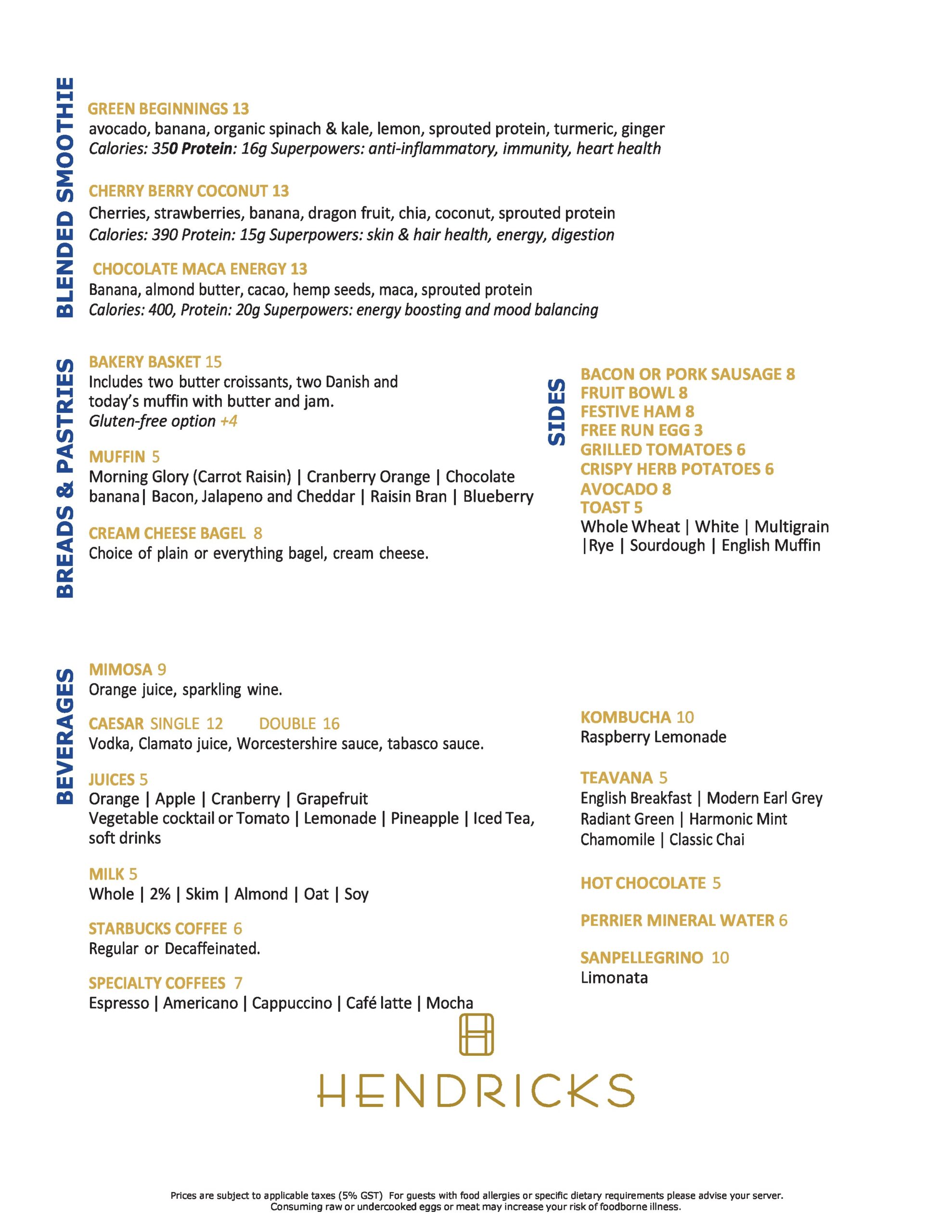 Breakfast Menu - Hendricks